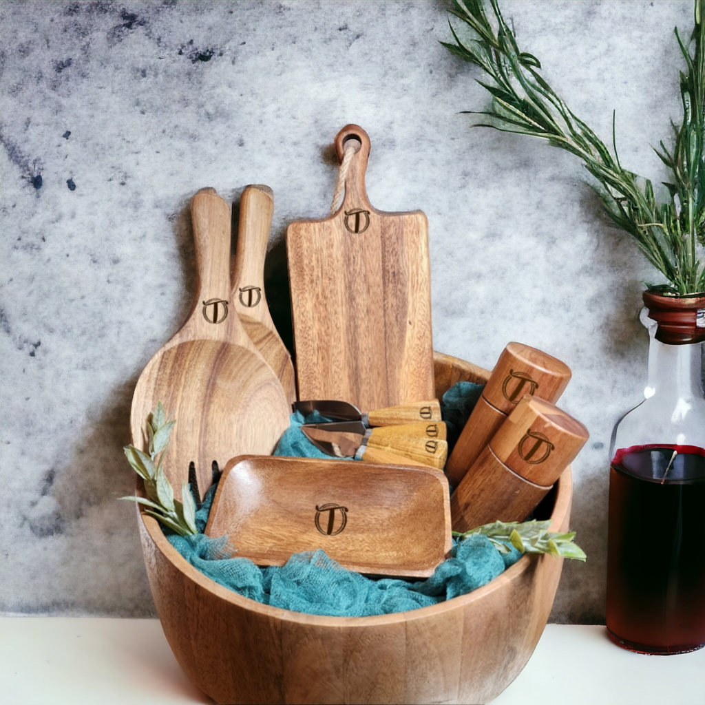 Salad bowl and kitchen utensil gift basket personalized - Triple Dog ...